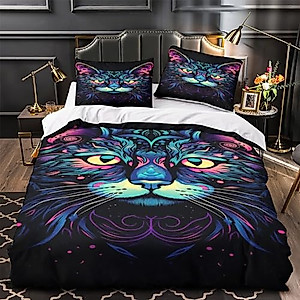 MEFESE Colorful Line Cat Theme 3D Bedding Duvet Cover Set Neon Cool Style 3 Piece (1 Duvet Cover+2 Pillowcase) for Teen Boys Girls Sports Microfiber Bedding Quilt Twin（173x218cm）