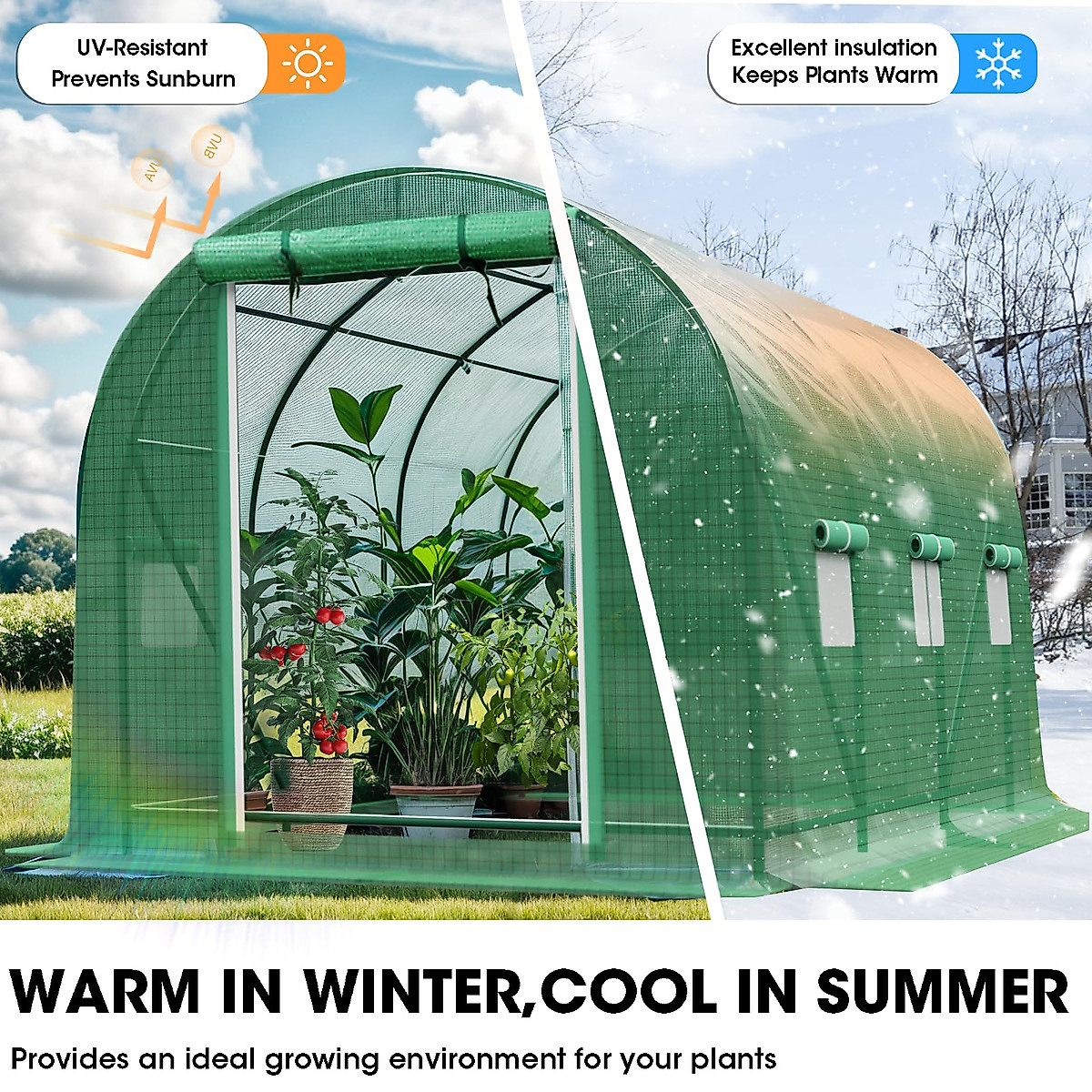 Walk-in Tunnel Greenhouse，Portable Plant Hot Housewith Dual Zippered Screen Doors & 6 Screen Windows Heavy Duty Plastic Plant Warm House with Reinforced Frame (10x10x6.6 FT)
