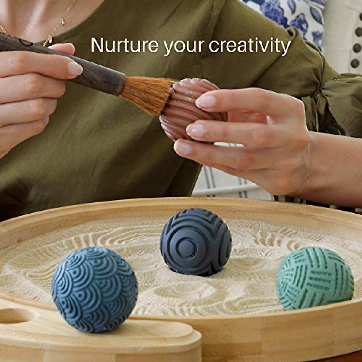 ENSO - Japanese Zen Garden Kit for Desk - Sand Garden Tools and Accessories Box Set for Office Desktop - 12” Large Round Bamboo Tray, 4 Stamp Spheres, Natural Sand, Rake - Mini Zen Decor Gifts