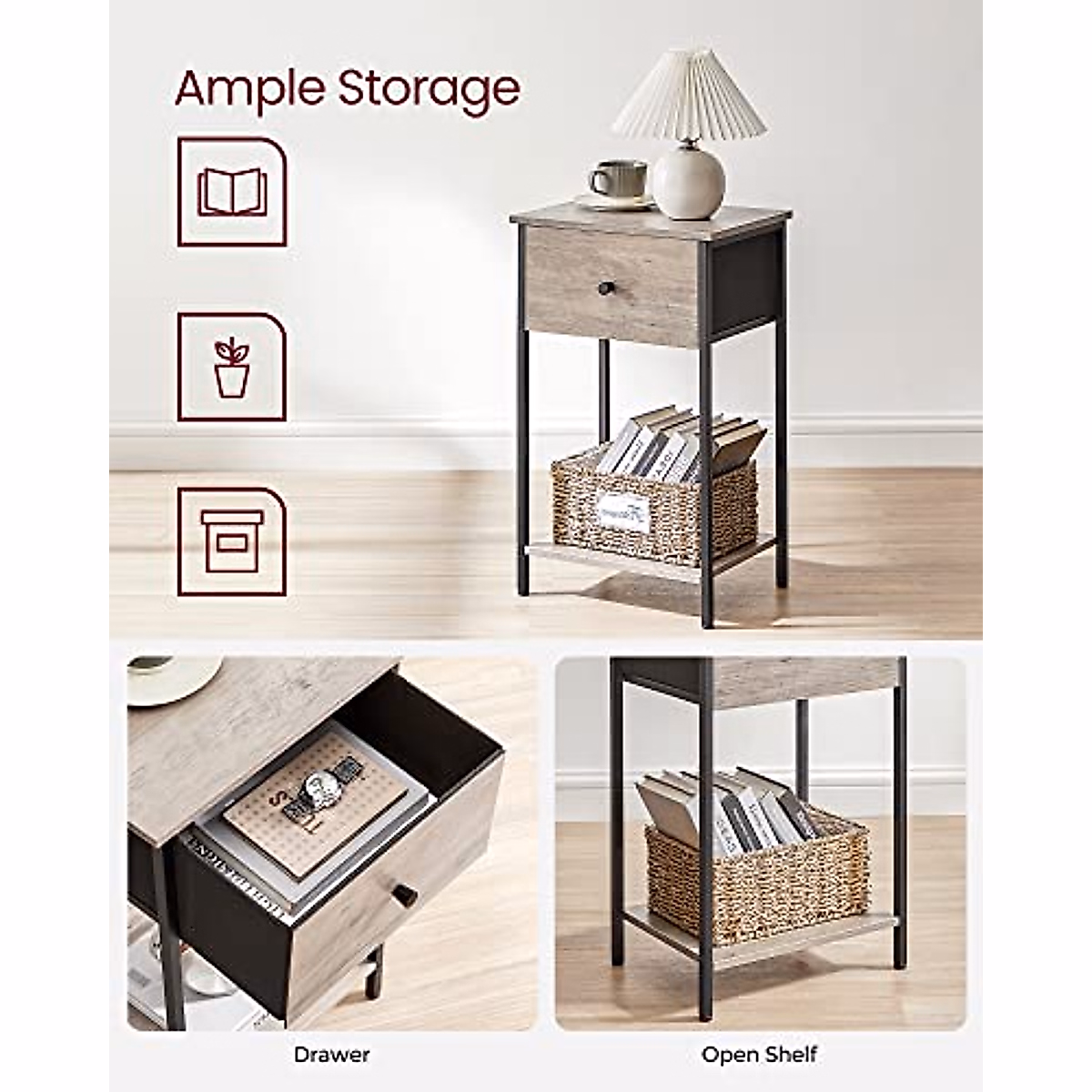 VASAGLE Nightstand, Side Table with Fabric Drawer, 24-Inch Tall End Table with Storage Shelf, Bedroom, Greige and Black ULGS021B02