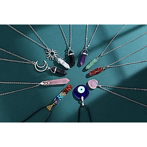 MAIBAOTA 10 Pcs Crystal Necklace Healing Amethyst Crystals Carnelian Chakra Necklaces Evil Eye Necklace Vintage Hippie Wiccan Boho Rose Quartz Moon Sun Jewelry Heart Gemstone Pendant for Women,