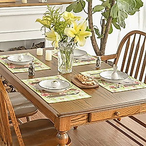 Artoid Mode Green White Bunny Rabbit Flowers Buffalo Plaid Easter Placemats Set of 4, 12x18 Inch Spring Table Mats for Party Kitchen Dining Decoration