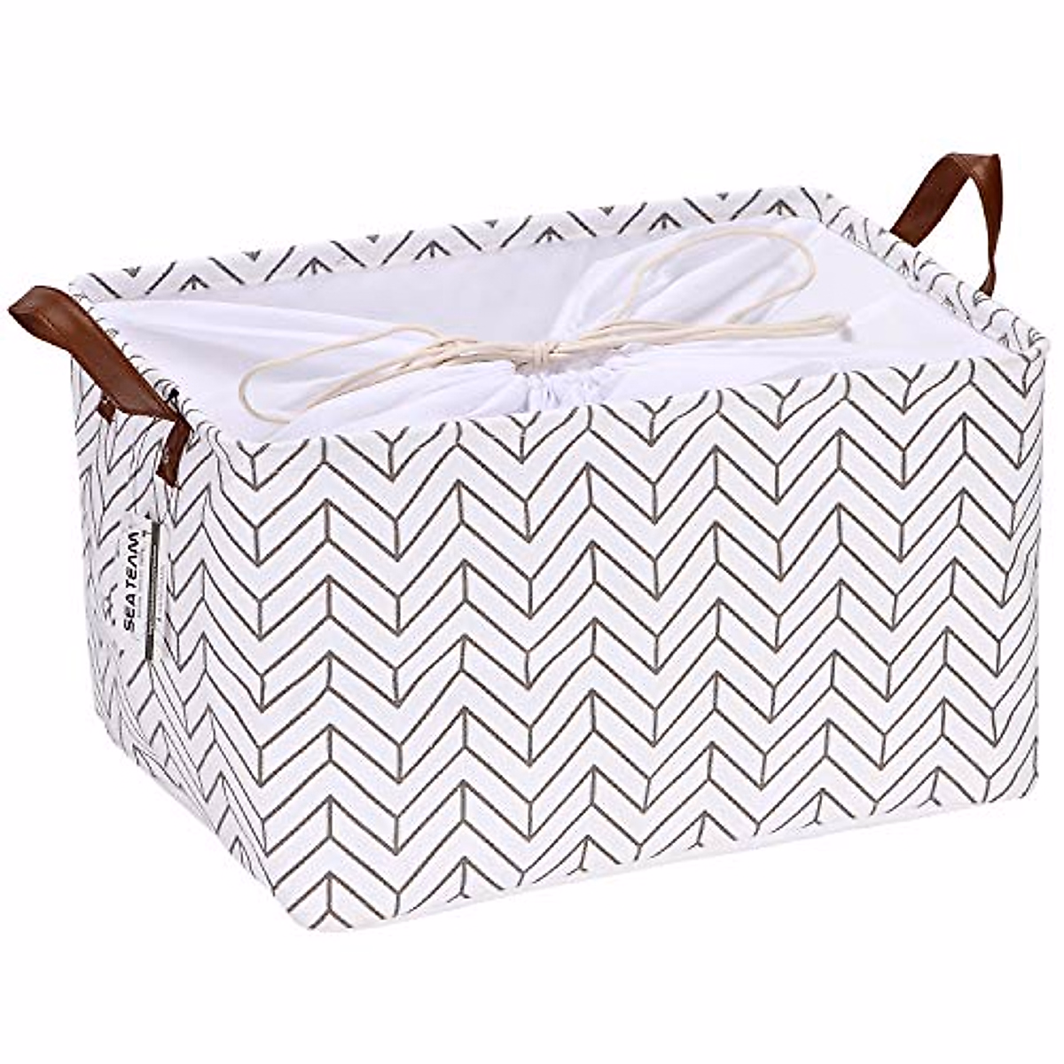 Sea Team Modern Arrowhead Pattern Canvas Fabric Storage Basket Collapsible Geometric Design Storage Bin with Drawstring Cover and PU Leather Handles, 16.5 by 11.8 inches, Waterproof Inner, Grey
