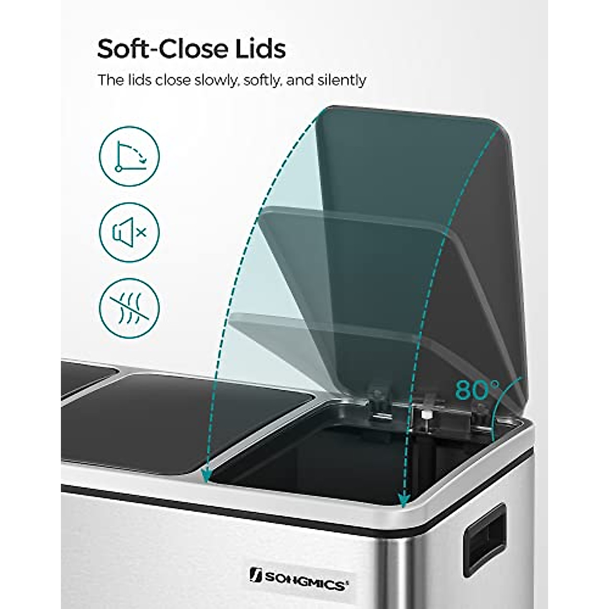 SONGMICS Trash Can, 3 x 4.8 Gallon Garbage Can, 14.4 Gallon Recycle Bin with Soft-Close Lids, Pedals, and Inner Buckets for Kitchen, Stainless Steel, Silver and Black ULTB54NL