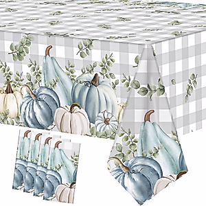 4 PCS Pumpkin Plastic Tablecloth Fall Plaid Table Covers Disposable Blue Pumpkin Table Cover Eucalyptus Pumpkin Waterproof Tablecloths for Autumn Harvest Thanksgiving Party, 54 x 108 Inch