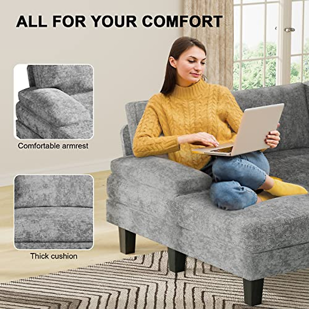 JUMMICO Convertible Sectional Sofa Couch, 4 Seat Sofa Set for Living Room with Throw Pillows, U-Shaped Modern Minimalist Fabric Modular Sofa with Double Chaise & Memory Foam (Gray)