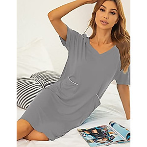 YYA Women's V Neck Nightgowns Short Sleeve Loose Sleepwear with Pocket Comfy Nightshirt Grey