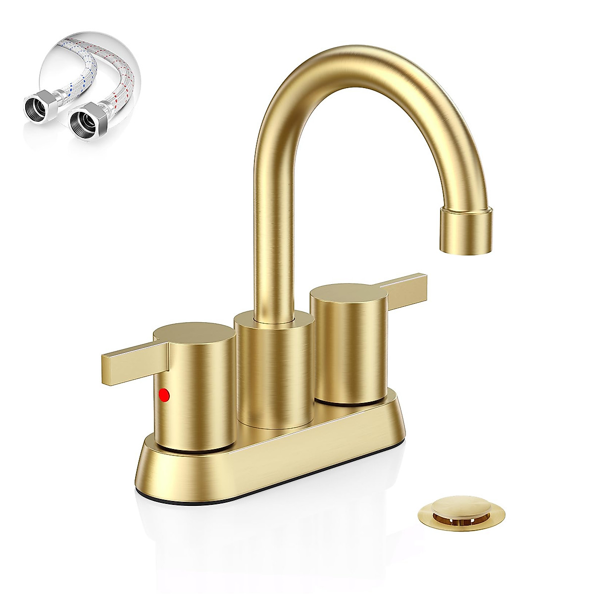 Brushed Gold 4 Inch 2 Handle Centerset Lead-Free Bathroom Faucet, Swivel Spout with Copper Pop Up Drain and 2 Water Supply Lines, BF015-1-BG