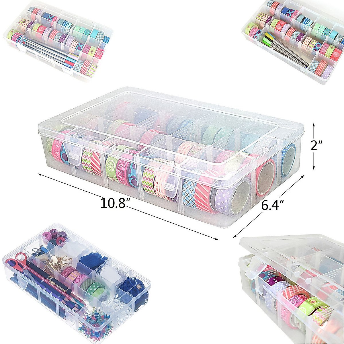 HomDSim 15 Large Grids Clear Plastic Organizer Storage Box for Washi Tape,Adjustable Compartments with Dividers,Container Holder for Ribbon,Sewing,Thread,Masking Tape,DIY Sticker Roll Tape