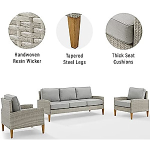 Crosley Furniture Capella 3-Piece Outdoor Sofa Patio Furniture Set, Wicker Conversation Sets for Porch, Acorn with Gray Cushions