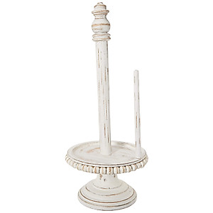 Mud Pie Beaded Wood Pedestal Bowl, White, 6" x 14" dia & 47100002 Farmhouse Washed Beaded Wood Pedestal Paper Towel Holder, 16" x 6" Dia, White, Grey