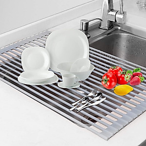 Wizdays Roll Up Dish Drying Rack Kitchen Sink, 17"x13" Foldable Food Safe Grade Silicone Wrapped Stainless Steel Dish Drying Rack, Space Saver, Easy to Use, Clean & Store