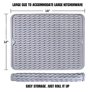 Silicone Dish Drying Mat for Kitchen Counter, 12'' x 6'' Heat Resistant, Non-Slip Design, Quick Dry, Easy Clean, Raised Edge Holds Water, BPA Free, Food Grade Silicone- Gray