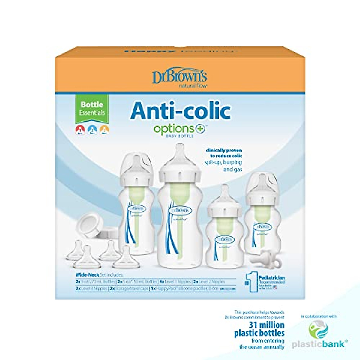 Dr. Brown's Natural Flow® Anti-Colic Options+™ Wide-Neck Bottle Essentials Gift Set with Breast-Like Nipple,100% Silicone HappyPaci™ Pacifier and Baby Bottle Travel Caps