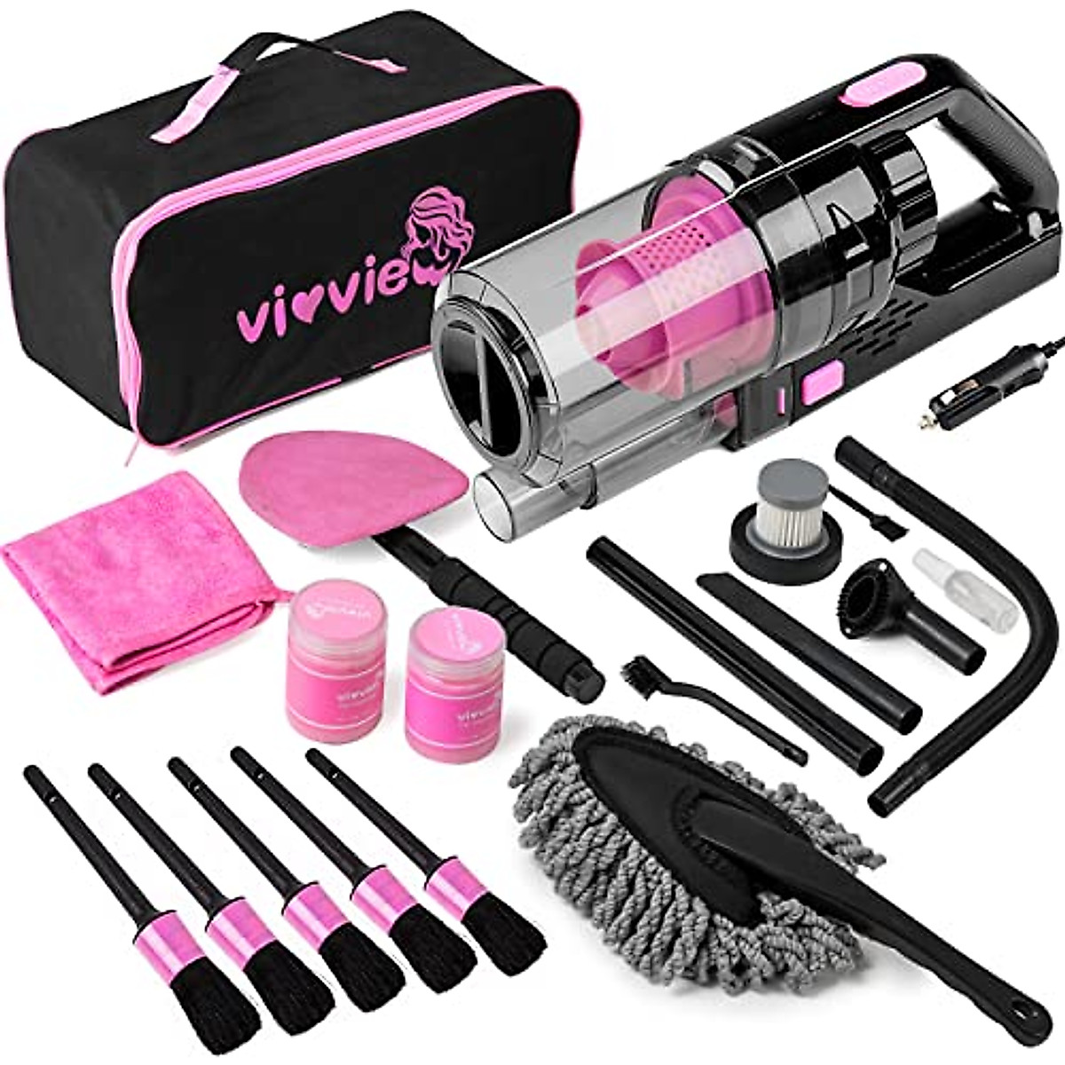 Vioview Pink Car Cleaning Kit, 14Pcs Car Interior Detailing Kit with High Power Handheld Vacuum, Cleaning Gel, Detailing Brush Set, Windshield Cleaner, Complete Car Cleaning Supplies for Deep Cleaning