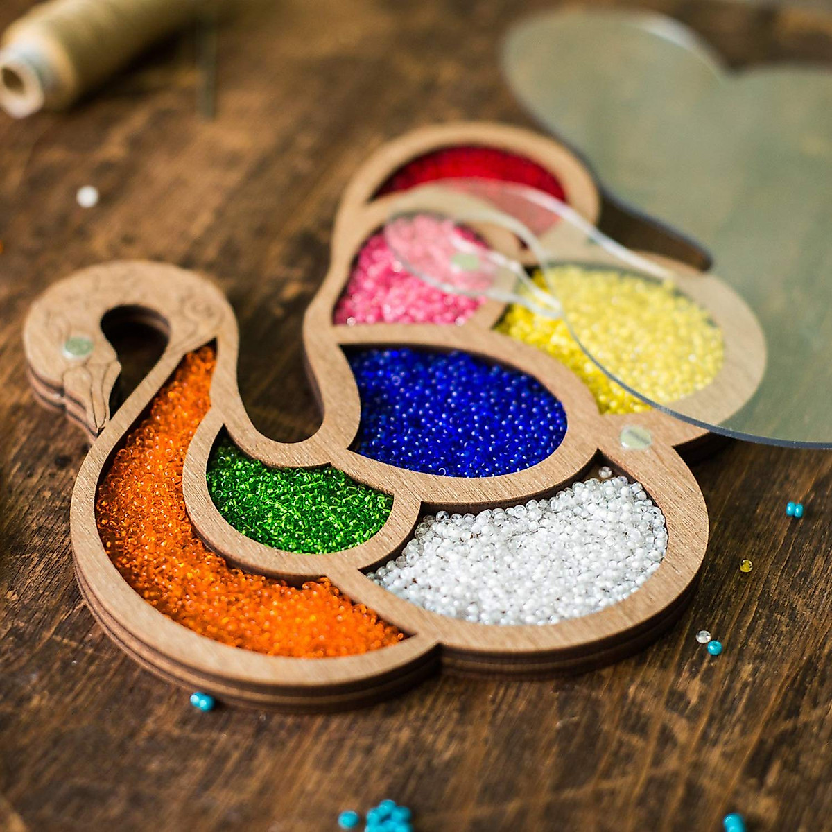 Lonjew Wood Swan Bead Storage Tray, Bead Case With Lid, Seed Beads Organizer Container Transparent Clear Lid, Bead Tray Magnet Cover, Magnetic Needle Holder