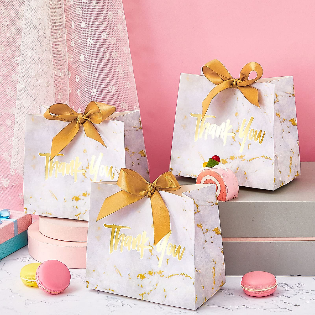 Leinuosen 12 Pcs Small Thank You Gift Bag, Party Favor Bags, Bridal Shower Gift Bags for Guests, Gift Wrap Bags Wedding Baby Shower Birthday Party Supplies(Marble, Gold,7 x 6.3 x 3.9 Inch)