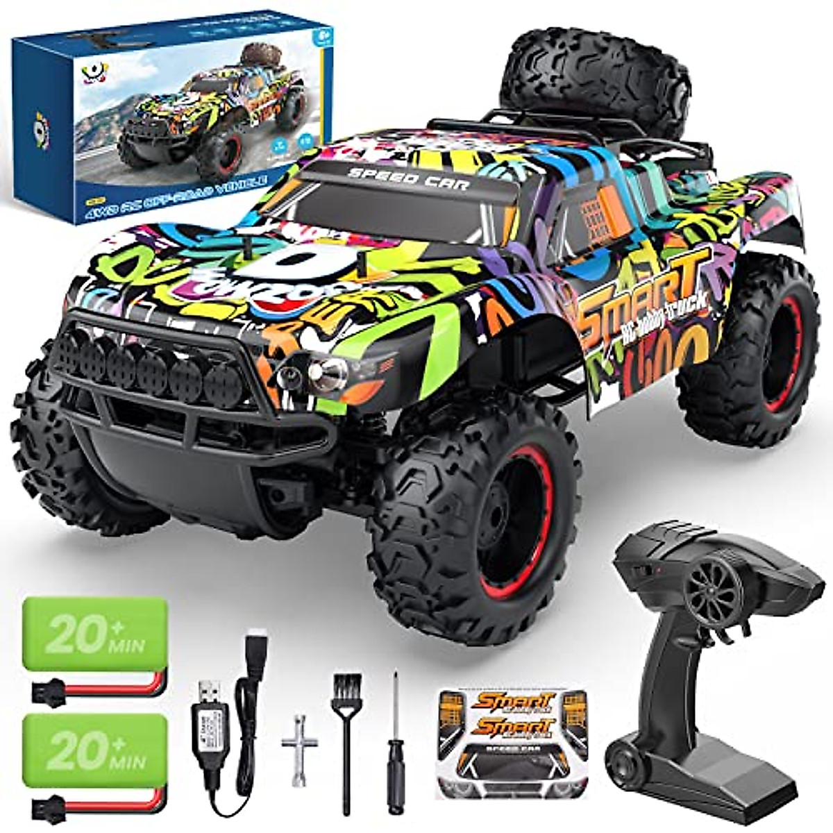 O WOWZON 1:12 Scale Short-Course RC Truck Large 4WD Hobby Crawler Grade Replaceable Spare Tire All Terrains Monster Crawler 2 Rechargeable Batteries for Age 6+ Boys Kids and Adults