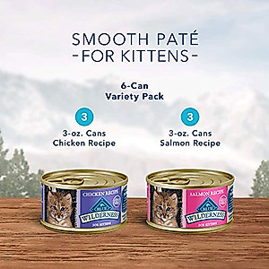Blue Buffalo Wilderness High Protein Grain Free, Natural Kitten Pate Wet Cat Food Variety Pack, Chicken, Salmon 3-oz (6 Count- 3 of Each Flavor)