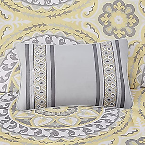 Madison Park Essentials Serenity Bed in a Bag Comforter Set, Medallion Damask Design, All Season Bedding with Cotton Sheet Set, Bedskirt, Queen(90"x90"), Yellow 9 Piece