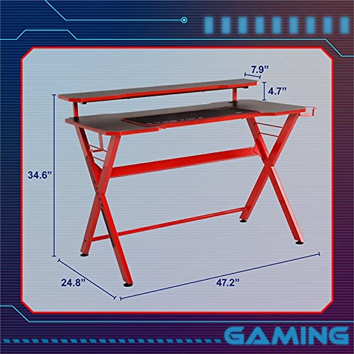JJS 48" Home Office Gaming Computer Desk with Removable Monitor Stand, X Shaped Large Gamer Workstation PC Table with Cup Holder Headphone Hook Speaker Storage Free Mouse pad, Red
