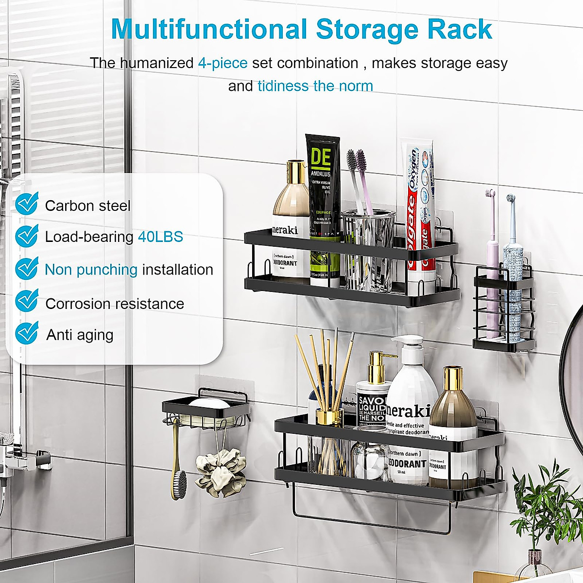 ZTDT Shower Caddy Shelf Organizer Rack Adhesive Shower Organizer Wall Mounted Storage Shower Basket Bathroom Shower Organizers Shower Shelf for Inside Shower with Soap Caddy Toothbrush Holde。