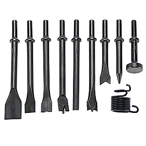 YaeTek 10 Pcs Air Hammer Pneumatic Chisels Tools including 9pcs 0.401'' Shank Smoothing Pneumatic Air Hammer Chisels Bits and High Carbon Steel Spring