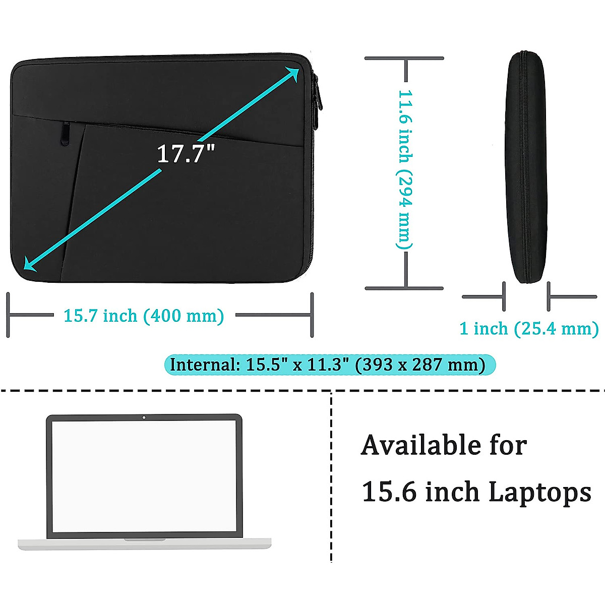 Laptop Case Sleeve 15.6 inch, Durable Shockproof Protective Computer Carrying Cover with Front Pocket, Briefcase Handbags Laptop Sleeve Bag for 15.6 inch HP, Dell, Acer, Asus, Notebook, Black