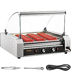 VEVOR Hot Dog Roller, 30 Hot Dog Capacity 11 Rollers, 1800W Stainless Steel Cook Warmer Machine w/Cover & Dual Temp Control, LED Light & Detachable Drip Tray, Sausage Grill Cooker for Kitchen Canteen