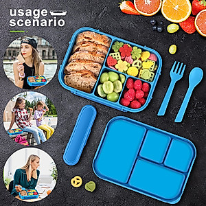 Demiue Bento Box Adult Lunch Box,Kids Child Lunch Box-Leak-Proof Bento Box with Utensil,Lunch Containers for Adults Men Women with 4 Compartments,Microwave & Dishwasher & Freezer Safe,BPA Free(Blue)