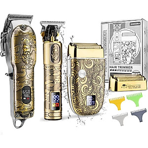 Suttik Professional Hair Clippers and Electric Shavers Set Beard Trimmer for Men Cordless T-Blade Hair Trimmer Electric Razor, Men's Beard Grooming Kit with 2 Foil Head and Limit Combs, Bronze