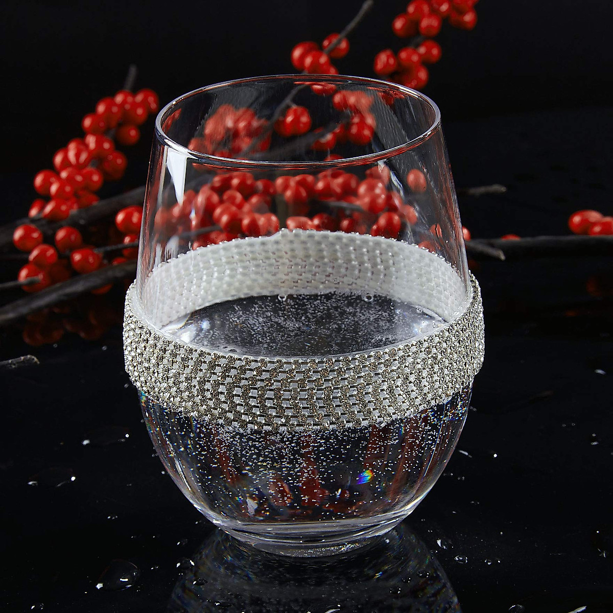 Cheer Collection Berkware Set of 6 Luxurious Stemless Wine Glasses with Sparkling Diamond Studded Design (Silver)