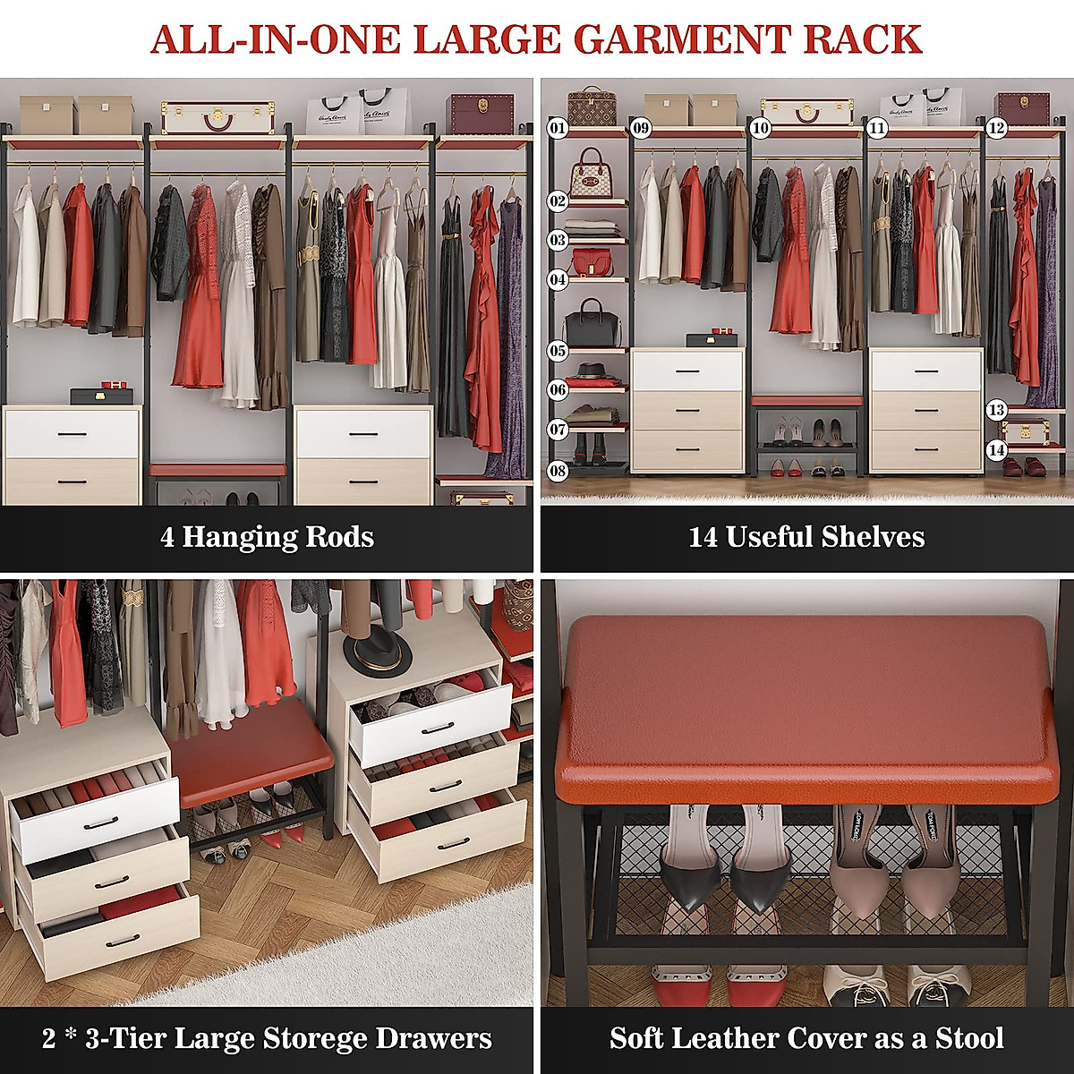 Cyclysio 96'' Heavy Duty Closet System, Large Wooden Garment Rack, Wall Mounted Walk-in Closet, Clothing Rack with Shelves, Closet Organizer System with Stool, 14 Shelves, 6 Drawers, 4 Rods, Black