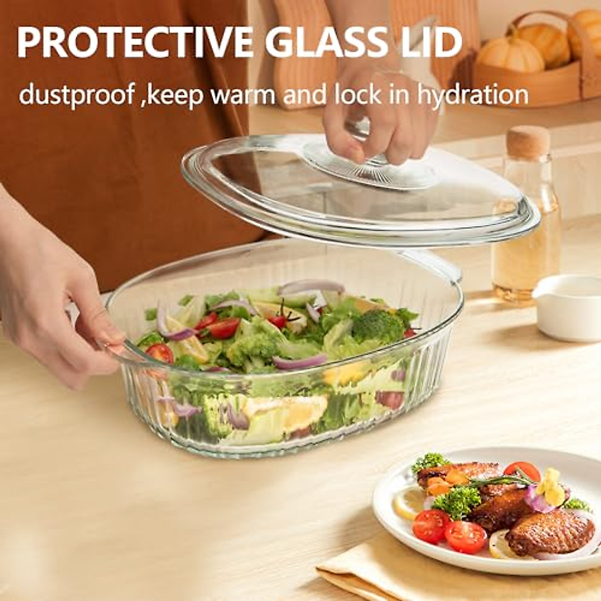 Luvan 2.8L/3Qt Glass Casserole Dish with Lid, Ribbed Oval Glass Baking Dish for Oven & Microwave, Clear Lead-Free Covered Casserole Cookware, Versatile Deep Glass Food Container for Baking, Cooking