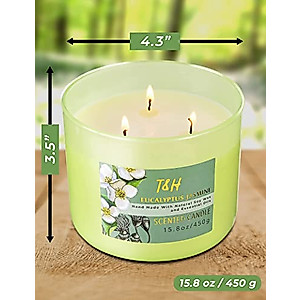 Stress Relief Aromatherapy Candle for Men & Women - Eucalyptus Jasmine 3 Wick Candle with Lavender, Mandarin & Balsam - Strong Scented Candles for Home 15.8 oz - Natural Soy Candles, Eucalyptus Candle