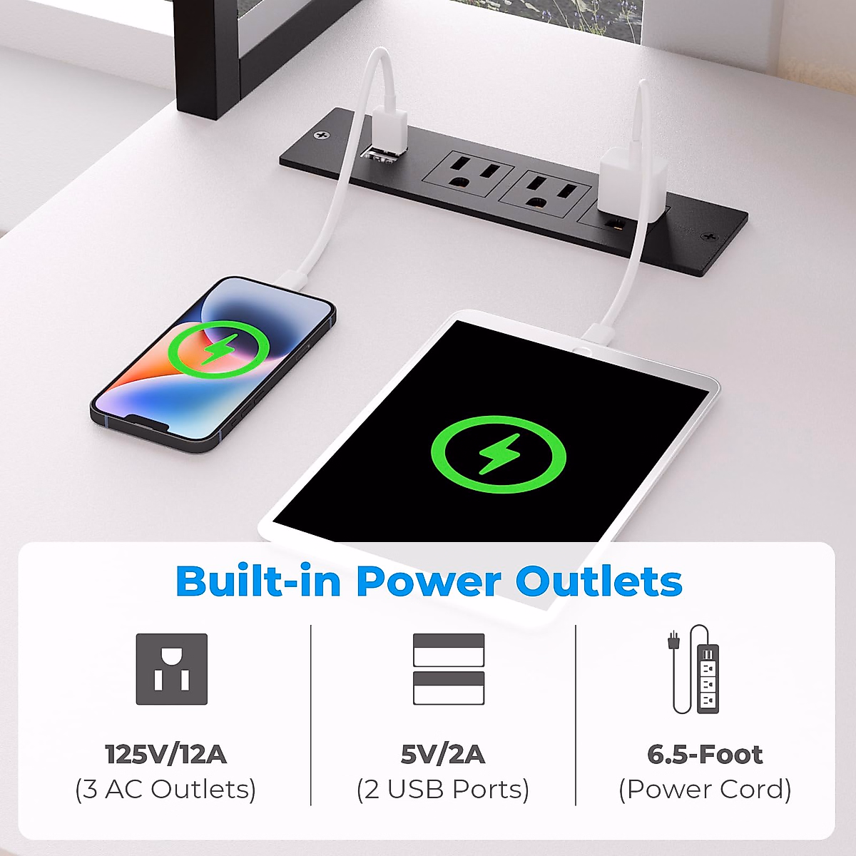 GreenForest 47 inch Computer Desk with Power Outlets, Small Home Office Desk with Ergonomic Monitor Stand, Reversible Gaming Desk, Modern Study Desk, Laptop Desk, White