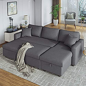 MOEO Upholstery Sleeper Sectional Sofa with Storage Space, 2 Tossing Cushions and Pillows for Living Room, Comfortable Loveseat w/Chaise Longue, Home Furniture, Right Hand Facing, Gray
