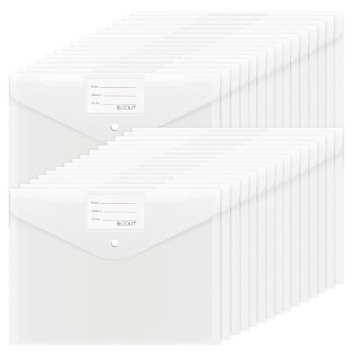 EOOUT 30pcs Plastic Envelopes, Clear Envelopes with Snap Closure, Document Folders Letter Size A4 Size File Envelopes with Label Pocket for School Home Work Office Organization