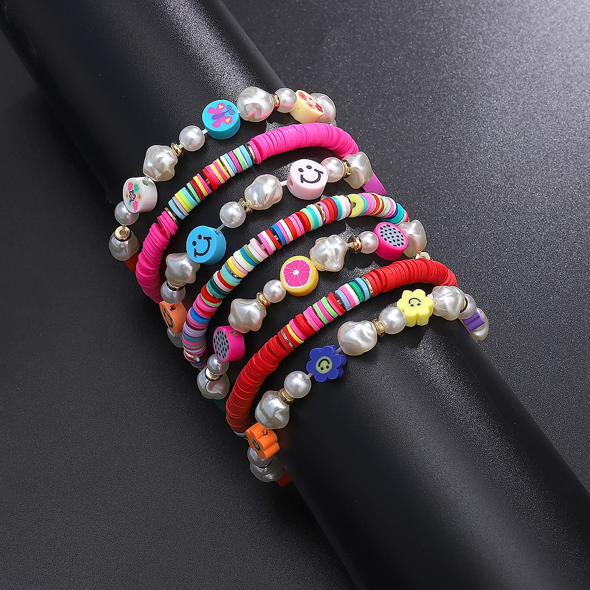 XOCARTIGE Beaded Stretch Bracelets for Women Colorful Clay Fruit Happy Face Bead Bracelet Rainbow Heishi Bracelet Set Stackable Pearl Y2K Bracelets Summer Beach Accessory (7PCS Happy Face Bracelet)