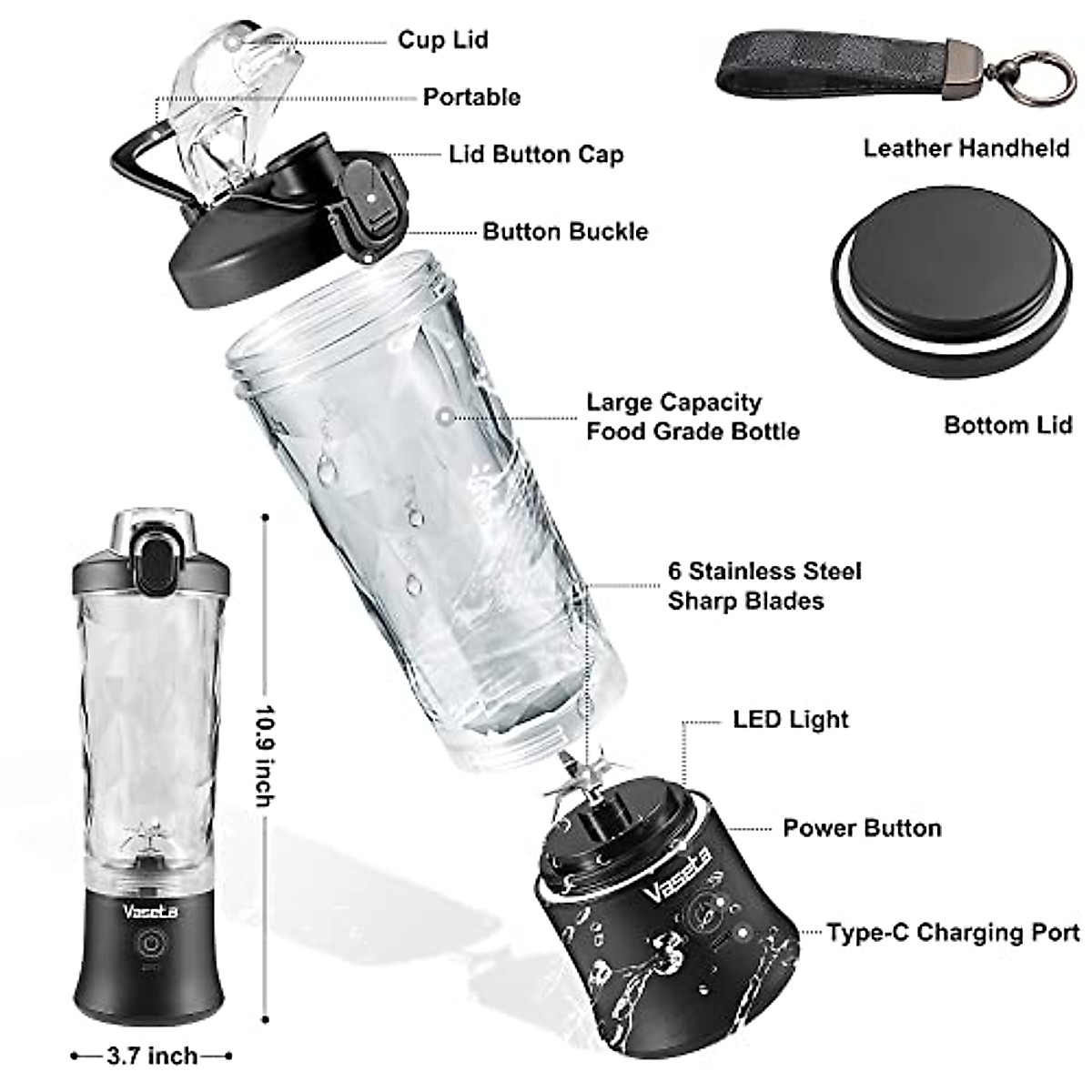 Portable Blender, Personal Size Blender for Shakes and Smoothies, Blender with 6 Blades, 20oz Mini Mixer Rechargeable for Kitchen/Gym/Travel/Office, BPA-Free,Black