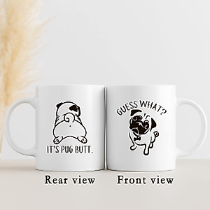 QUICQOD Funny Best Gifts for Kids Girls Women Pug Mom Pug Lovers - Guess What Pug Butt 11 Oz White Coffee Mug - Christmas Thanksgiving Birthday Anniversary Presents