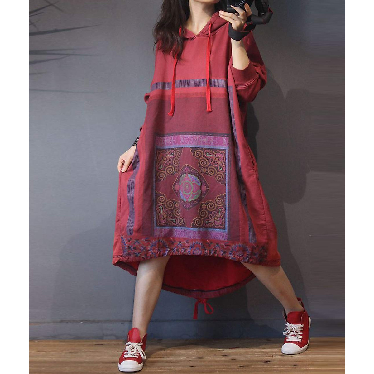 YESNO Women Casual Loose Ethnic Floral Hoodies Sweatshirts Jackets Curved Hemline with Drawstring Long Sleeve/Pockets JCJ (One Size YK9 Red)