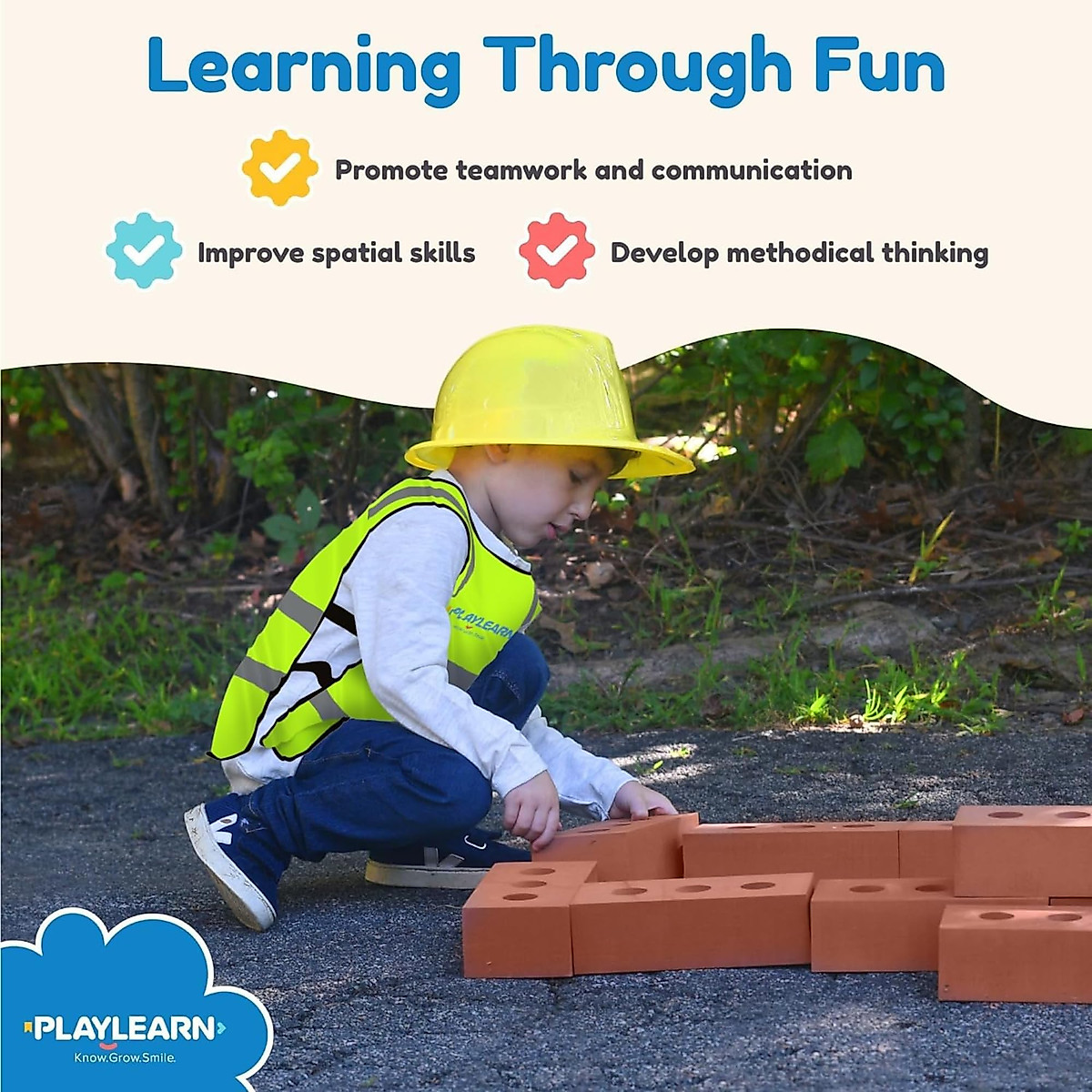 Playlearn 25pc Foam Brick Building Blocks for Kids- Children’s Reflective Worker Vest and Storage Bag Included - Actual Brick Size – Lightweight, Soft Building Blocks - Fake Brick Blocks