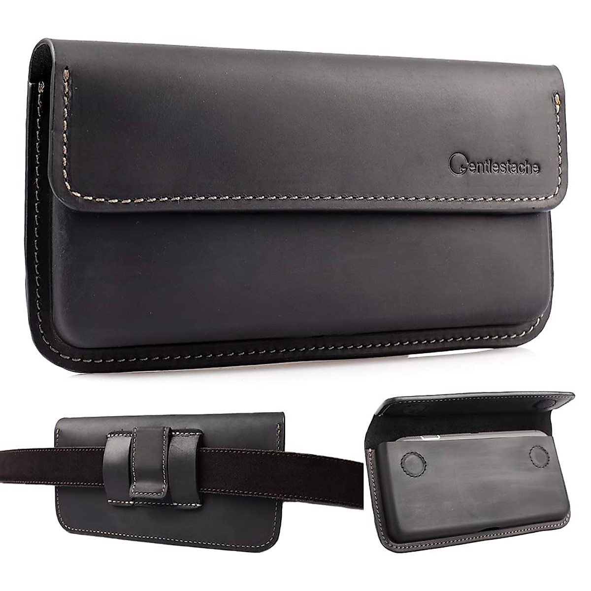 Gentlestache X-Large Leather Phone Holster for iPhone 14 Pro Max, Horizontal Cell Phone Case for Galaxy S23 Ultra S23 Plus, Phone Belt Holder with Belt Clip for Phone with Protective Case