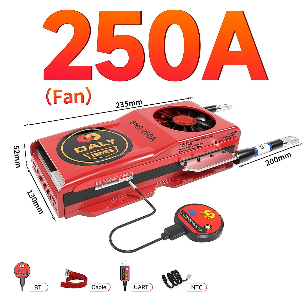 DALY Programmable Configurable Smart BMS with UART 16S 48V 250A LiFePO4 Battery Protection Module with Bluetooth PCB Protection Board with Balance Leads Wires BMS 48V with Cooling Fan