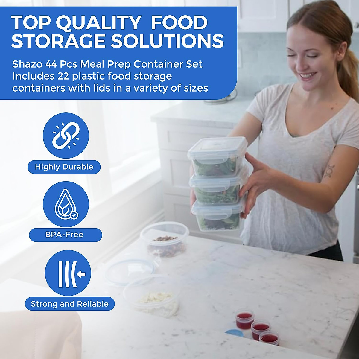 Shazo 44PCS Food Storage Containers with Lids, HUGE SET, Plastic Food Containers with Lids for Kitchen Organization, Airtight Leak Proof, Meal Prep, Easy Snap Lock Lunch Box, BPA-Free Storage Container