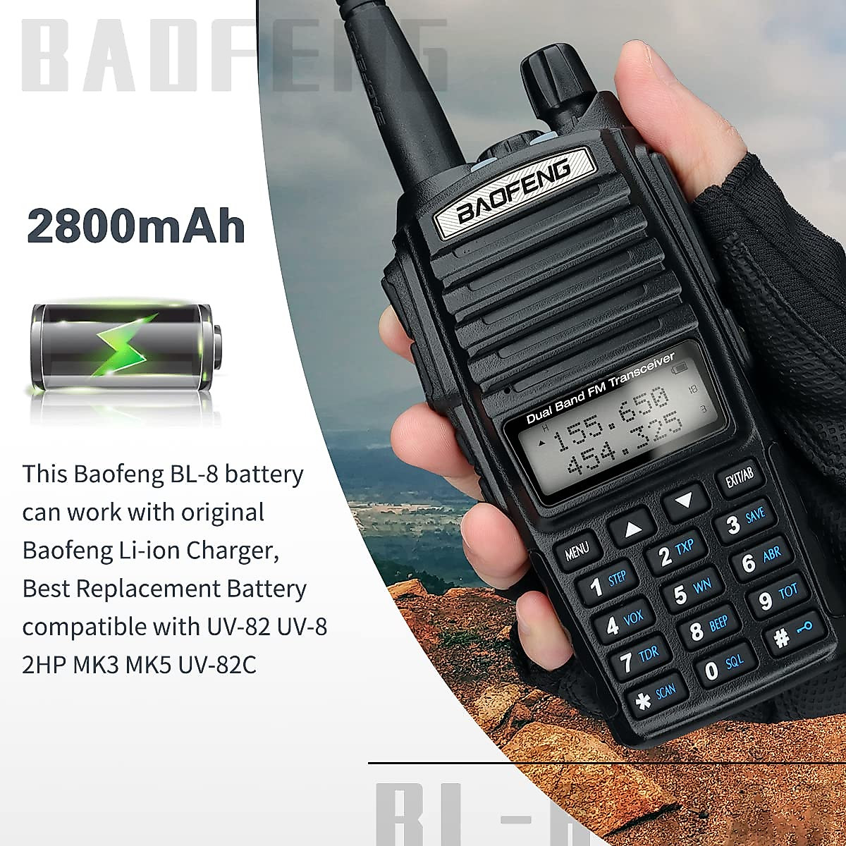 BAOFENG UV-82 Battery Upgraded BL-8 2800mAh Li-ion Battery with Type-C Charger Cable for UV-82HP UV-82C MIRKIT UV-82 MK3/5 etc Two Way Radio