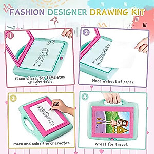 Zyerch Light Up Tracing Pad, Fashion Design Activity Kit for Girls, Eye-Soft Technology, 5 Colored Pencils, Gifts for Children Ages 6, 7, 8, 9, 10, (6035) , White