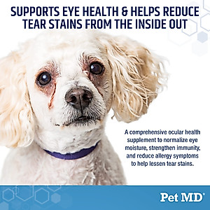 Pet MD Tear Stain Remover for Dogs & Cats - Antioxidant Eye Care Supplement with Lutein, Cranberry, & Omega 3 & 6 - Cat & Dog Tear Stain Remover Chews for White & Light Fur - 60 ct