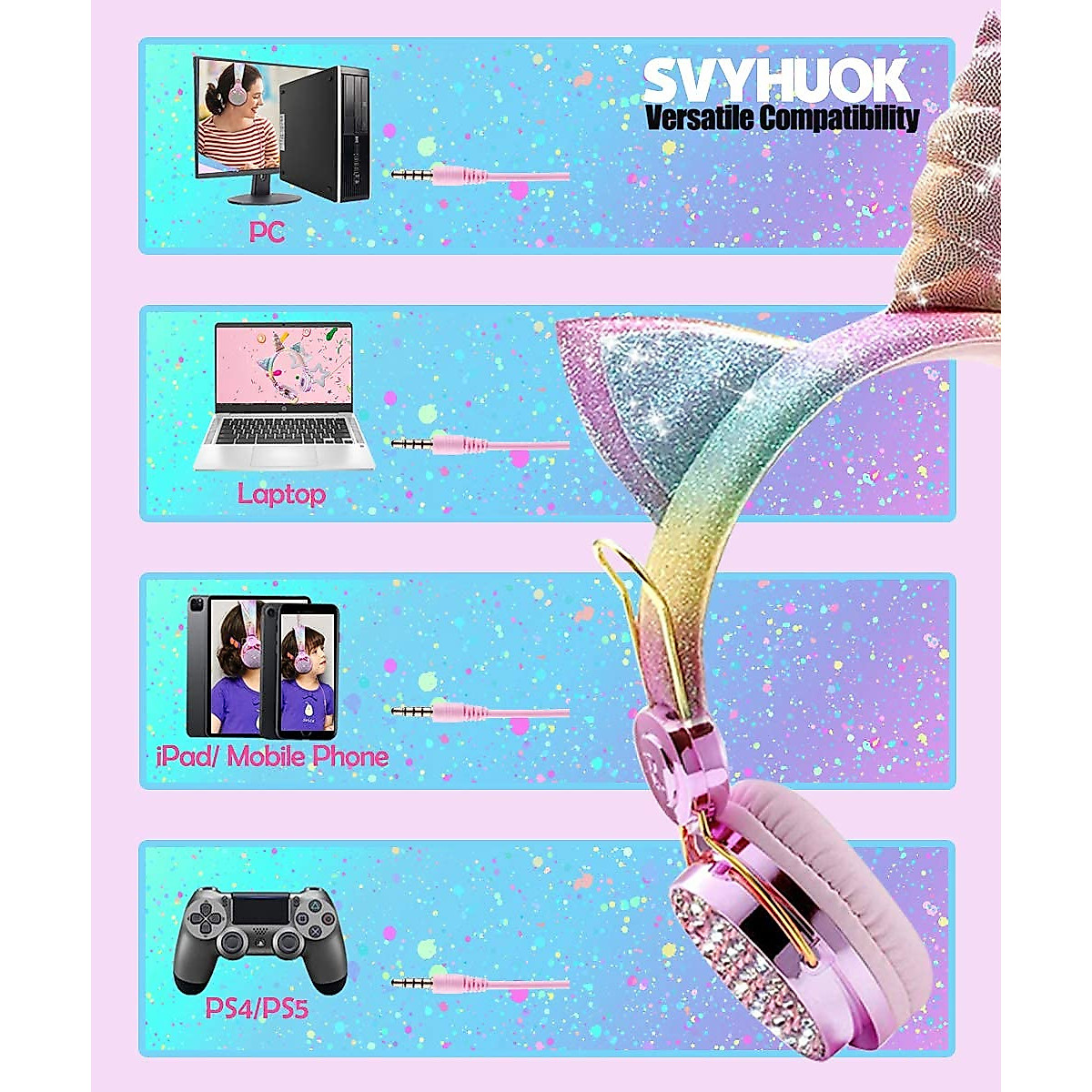SVYHUOK Girls Pink Unicorn Wired Headphones,Cute Cat Ear Kids Game Headset for Boys Teens Tablet Laptop PC,Over Ear Children Headset withMic,for School Birthday Xmas Gifts